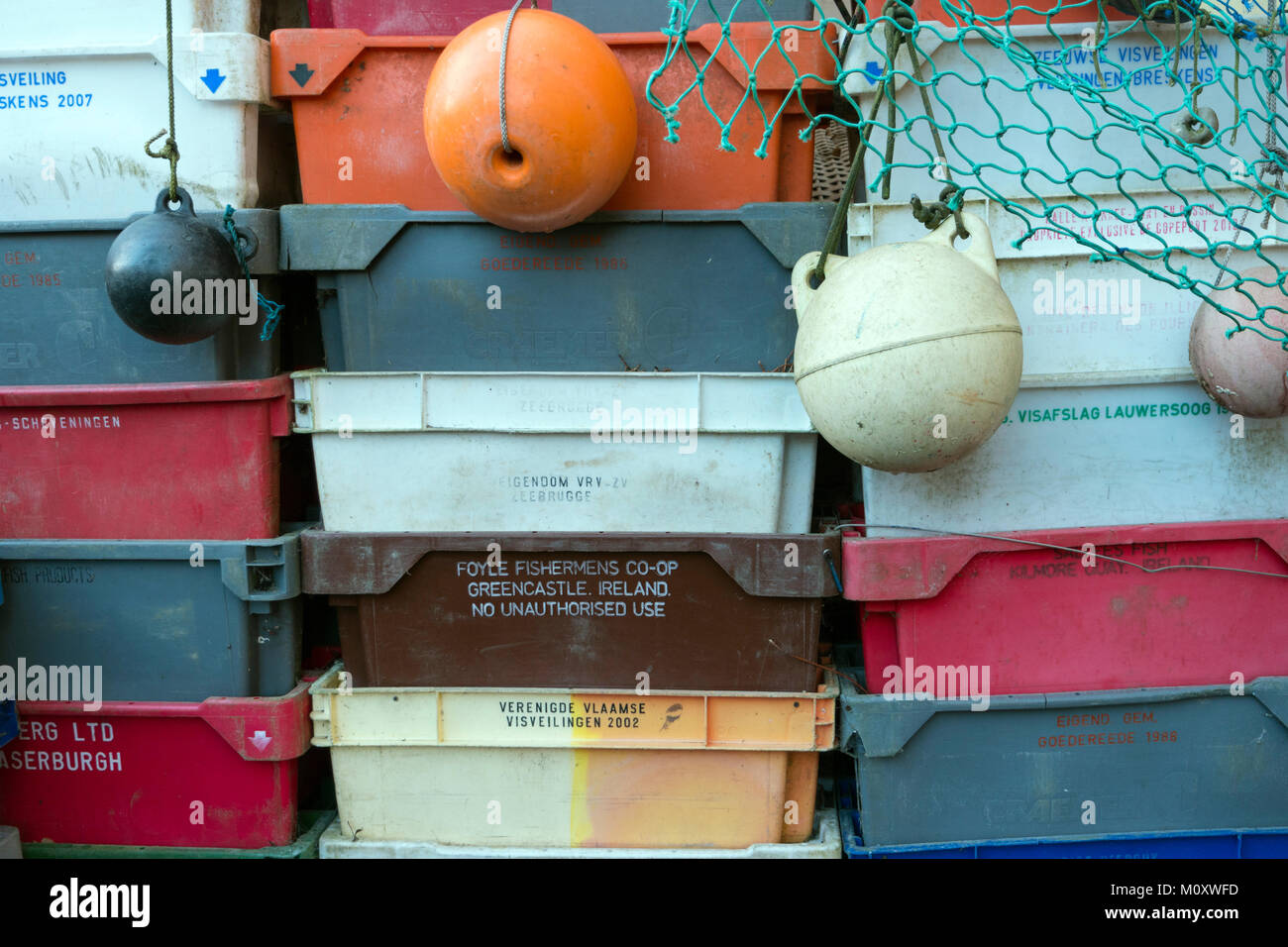 AMRUM, GERMANY - JANUARY 02, 2018: Fishing crates, buoys and other ...