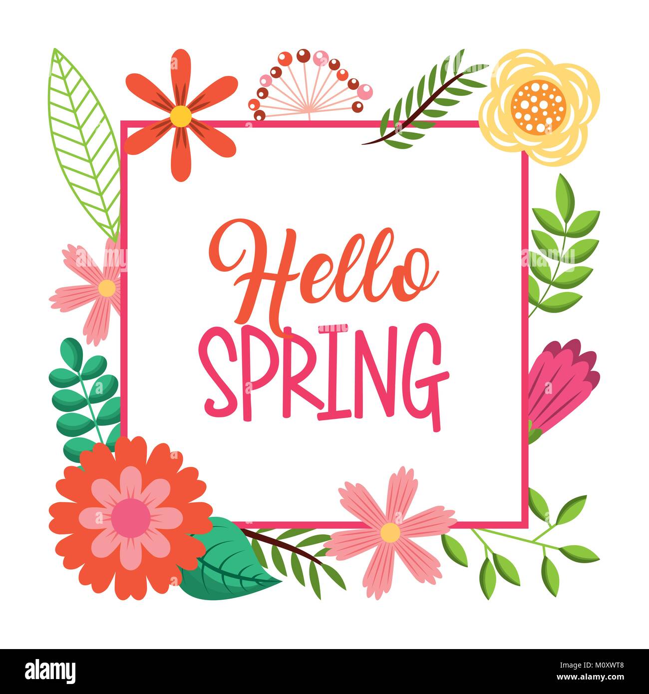 hello spring card lettering text frame flowers decoration Stock Vector ...
