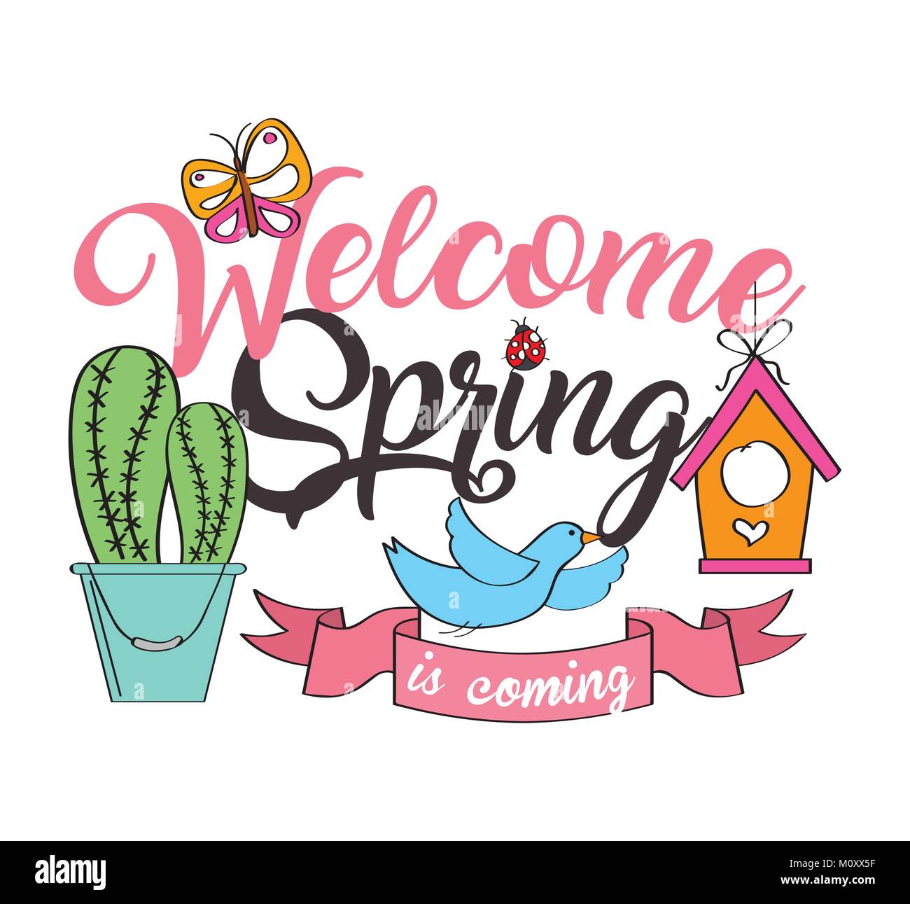 welcome spring poster bird butterfly cactus ribbon decoration Stock ...