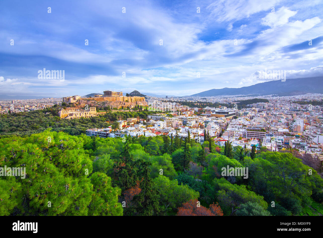 Acropolis with Parthenon. View through a frame with green plants, trees ...