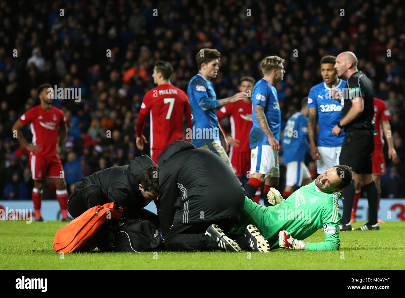 Aberdeen goalkeeper Joe Lewis is substituted after suffering an injury ...