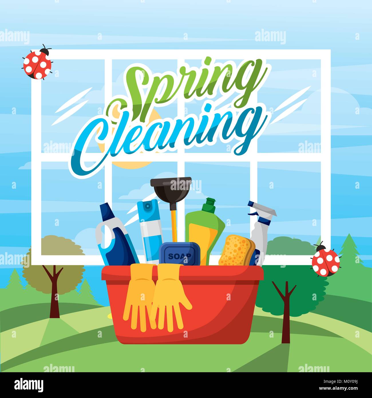 spring cleaning bucket equipment with window and landscape background ...