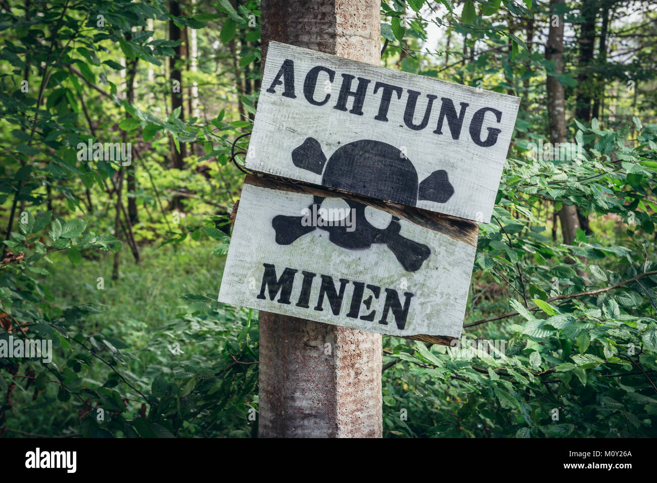 Warning mines sign in Mamerki (German: Mauerwald) bunker complex ...