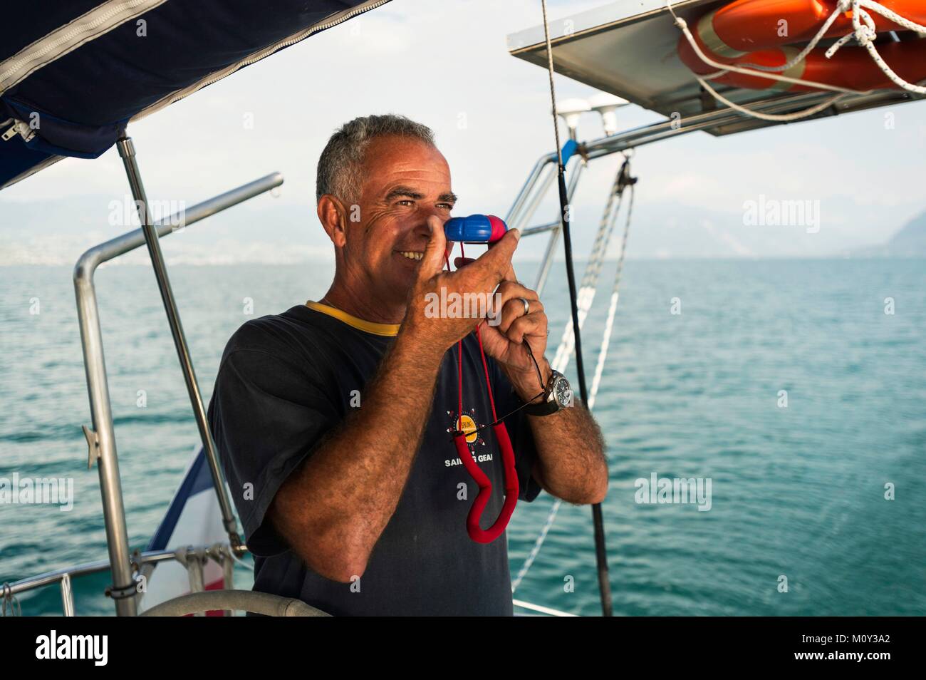 Switzerland,Vaud,Lake Geneva,sail cruise,Philippe Simon,skipper Stock ...