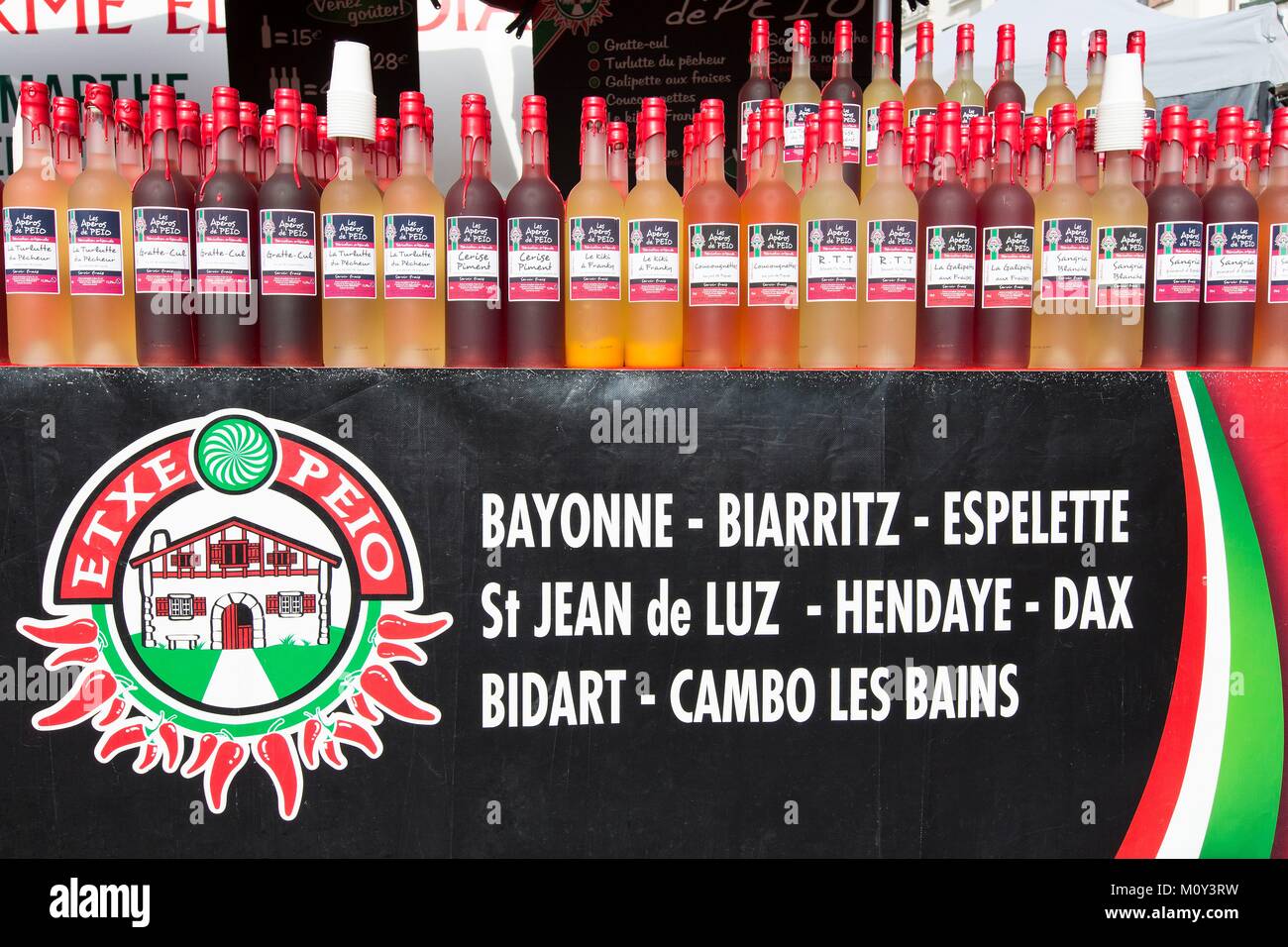 France,Pyrenees Atlantiques,Pays Basque,Bayonne,stall of local brandy ...