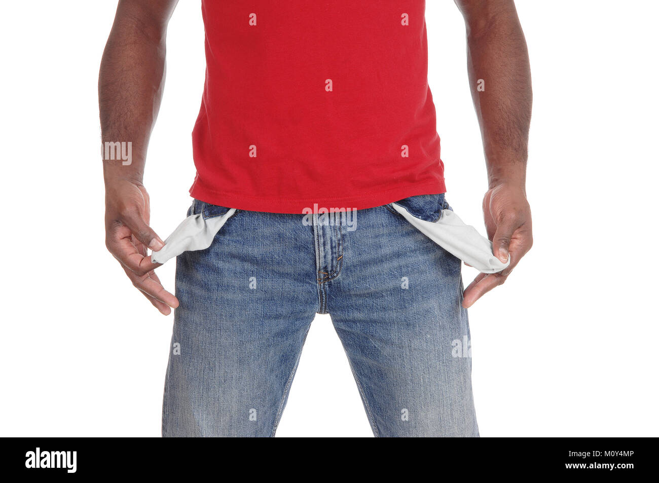 A close up image of the middle section of a black man showing his empty ...