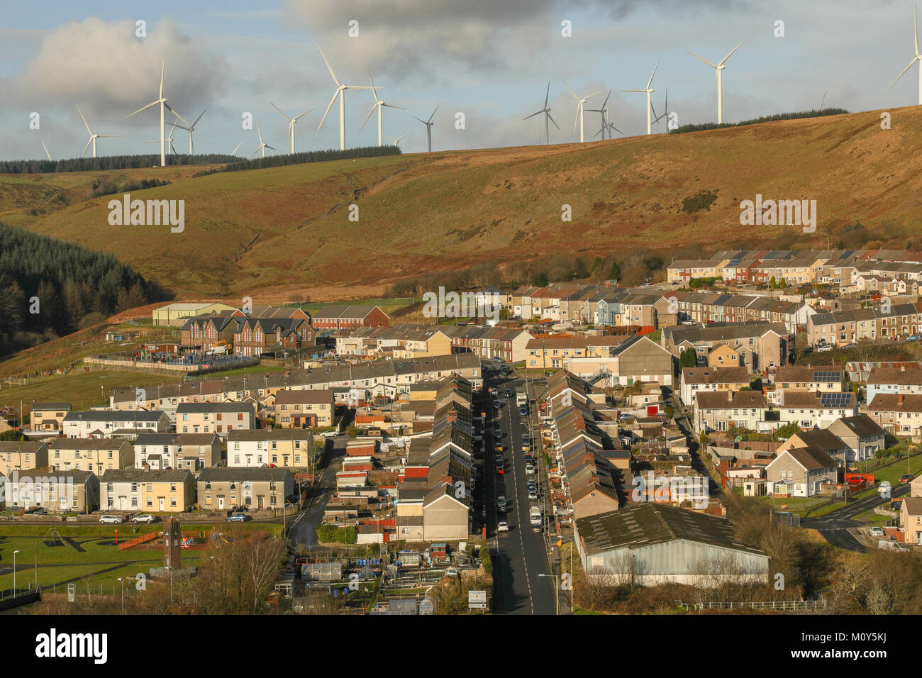 Welsh valleys town, and wind turbines, Gilfach Goch, Wales, UK Stock ...