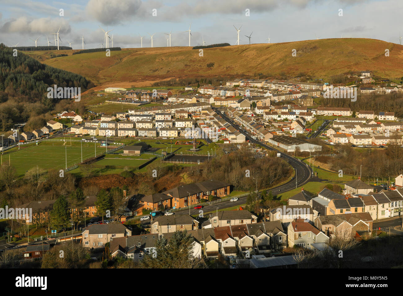 Welsh valleys town, and wind turbines, Gilfach Goch, Wales, UK Stock ...