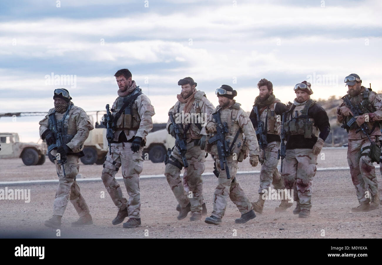 12 STRONG, from left: Trevante Rhodes, Chris Hemsworth, Geoff Stults ...