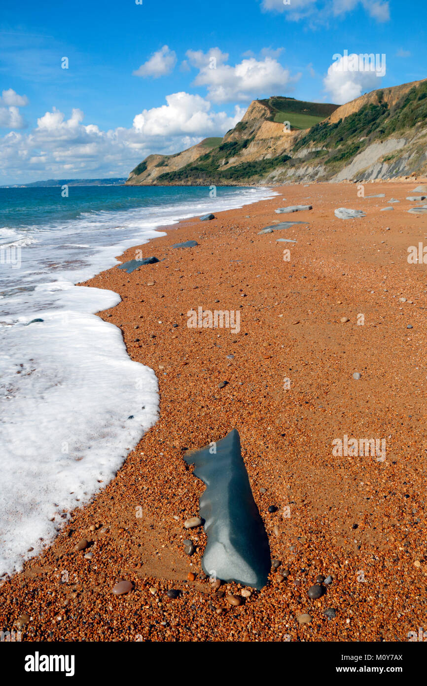 The beach at Eype in Dorset near West Bay, looking towards Lyme Regis ...
