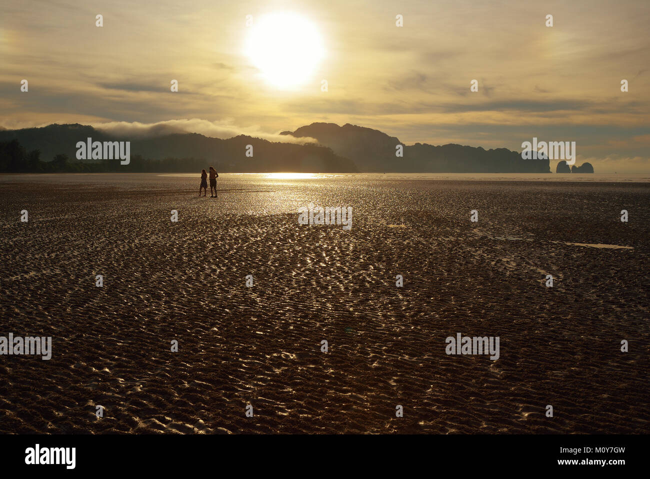 Two human figures in backlit on the beach after the tide Stock Photo ...