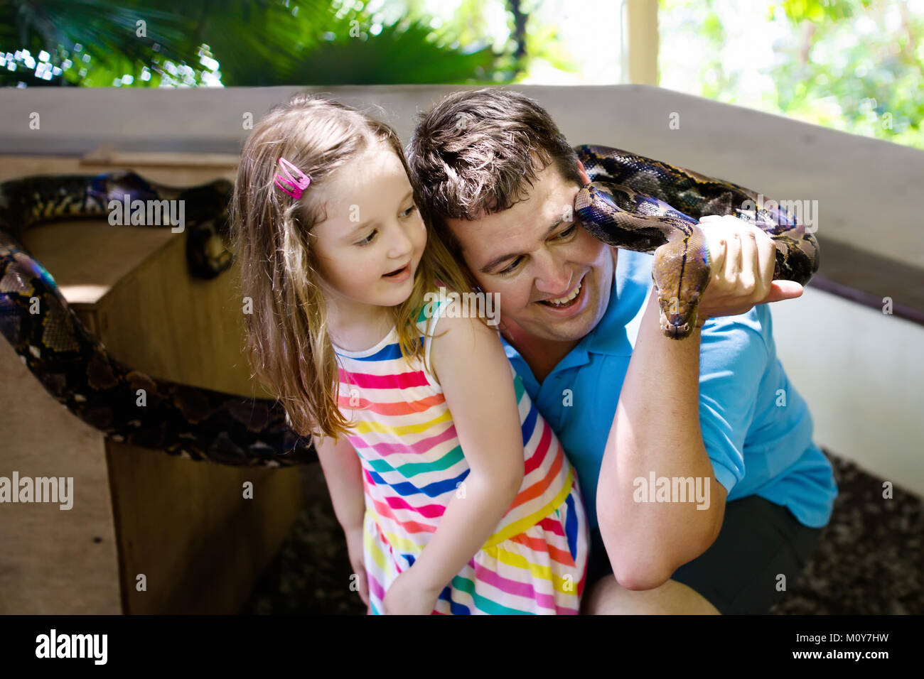 Father and child hold and feed huge python snake at day trip to zoo ...