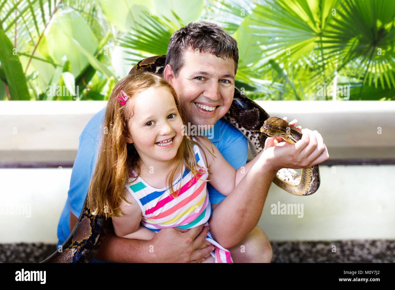 Father and child hold and feed huge python snake at day trip to zoo ...