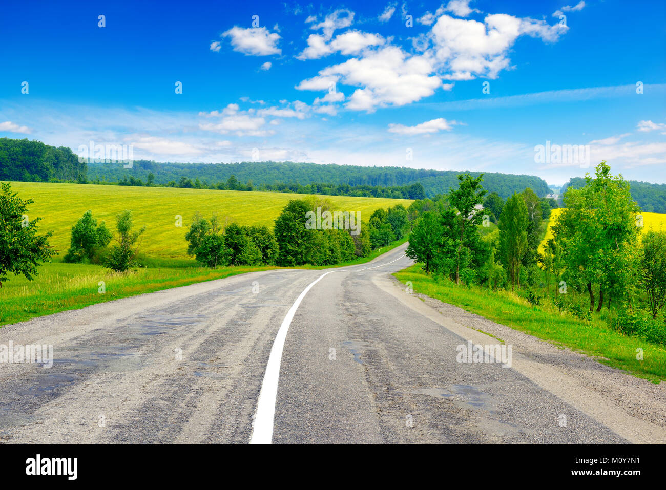 Rural paved road among green fields Stock Photo - Alamy
