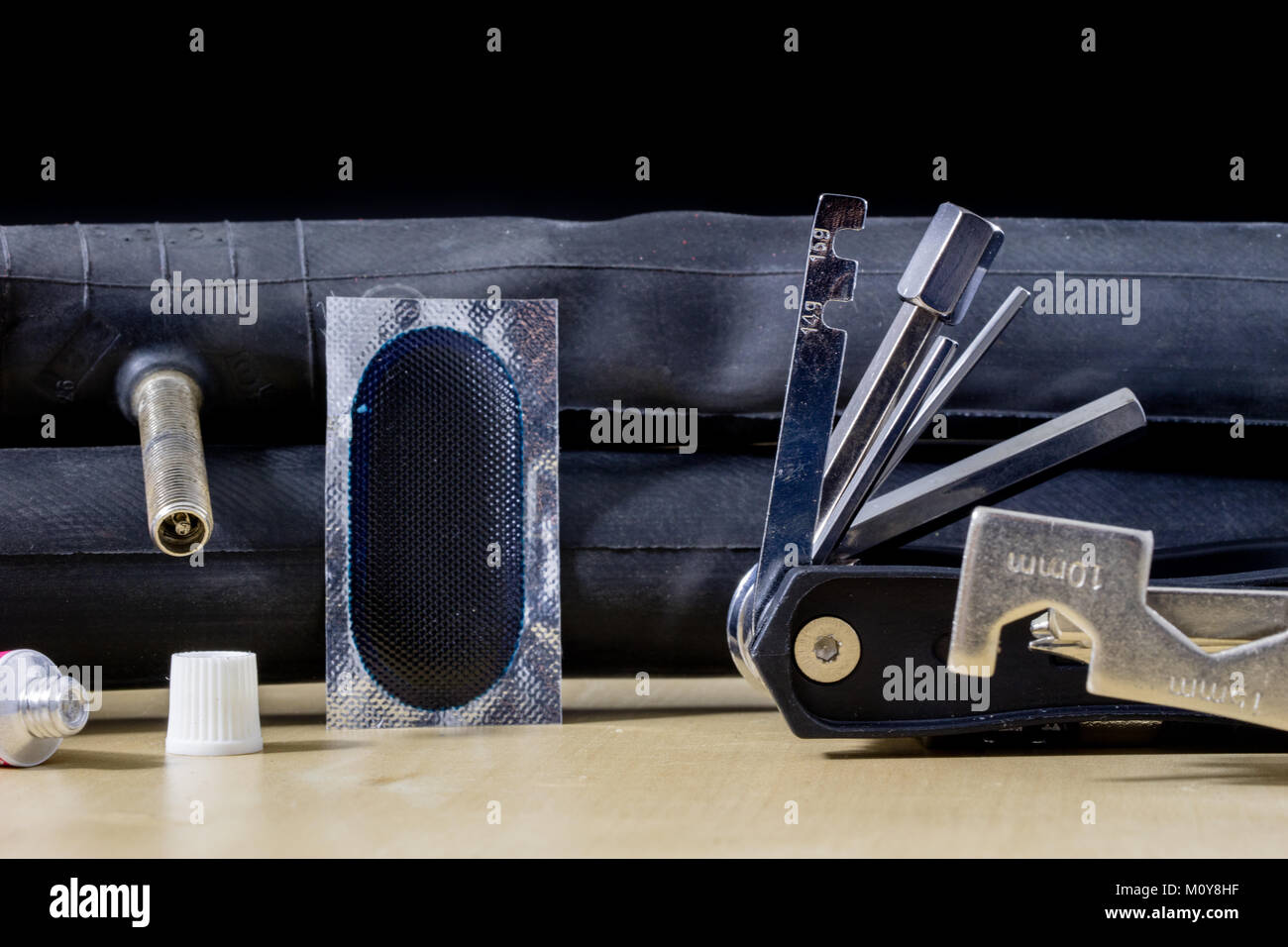 Bicycle breakdown during the trip. Sticking a bicycle tube in a ...