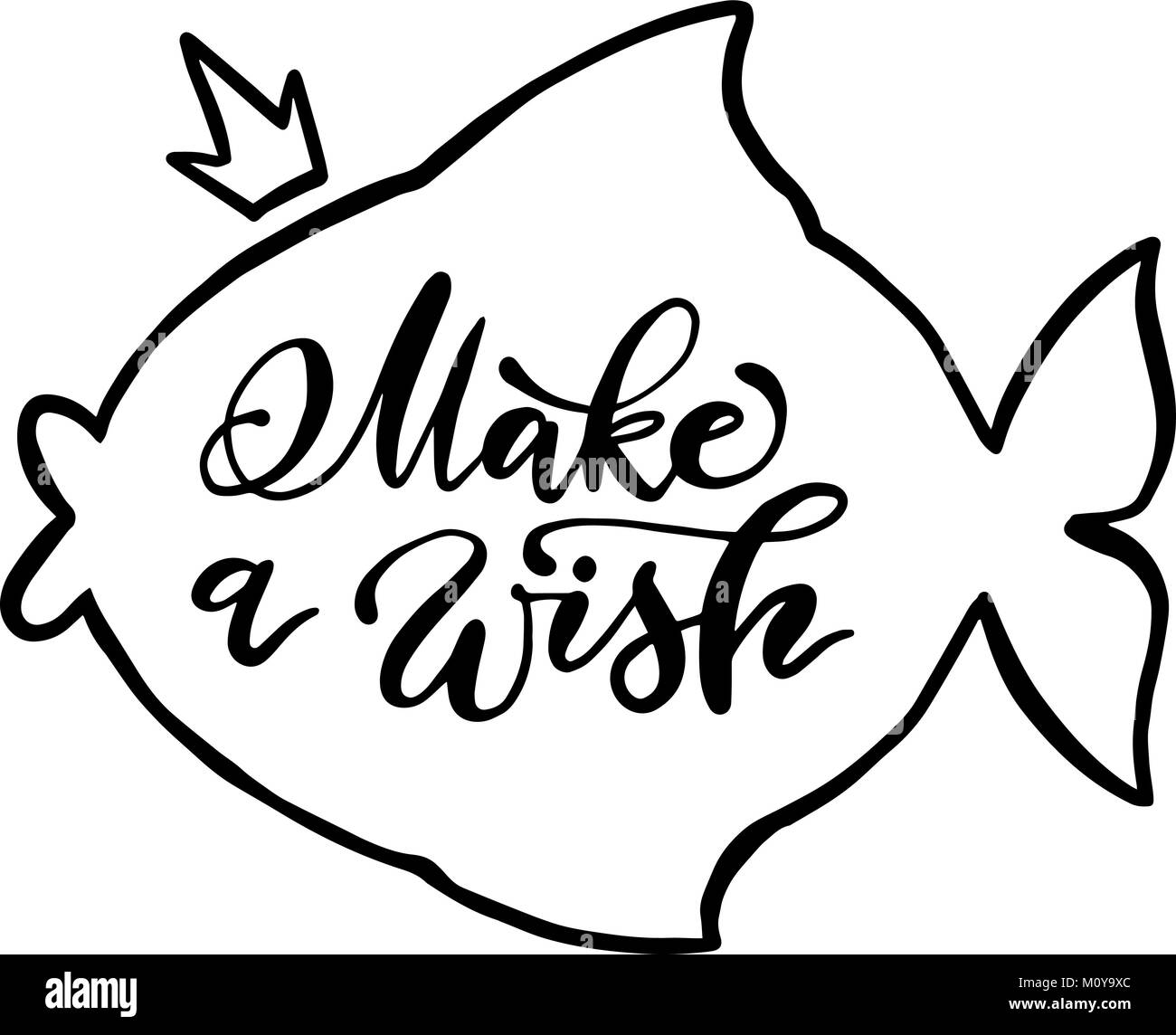Hand drawn inscription make a wish inside fish form contour. Vector ...