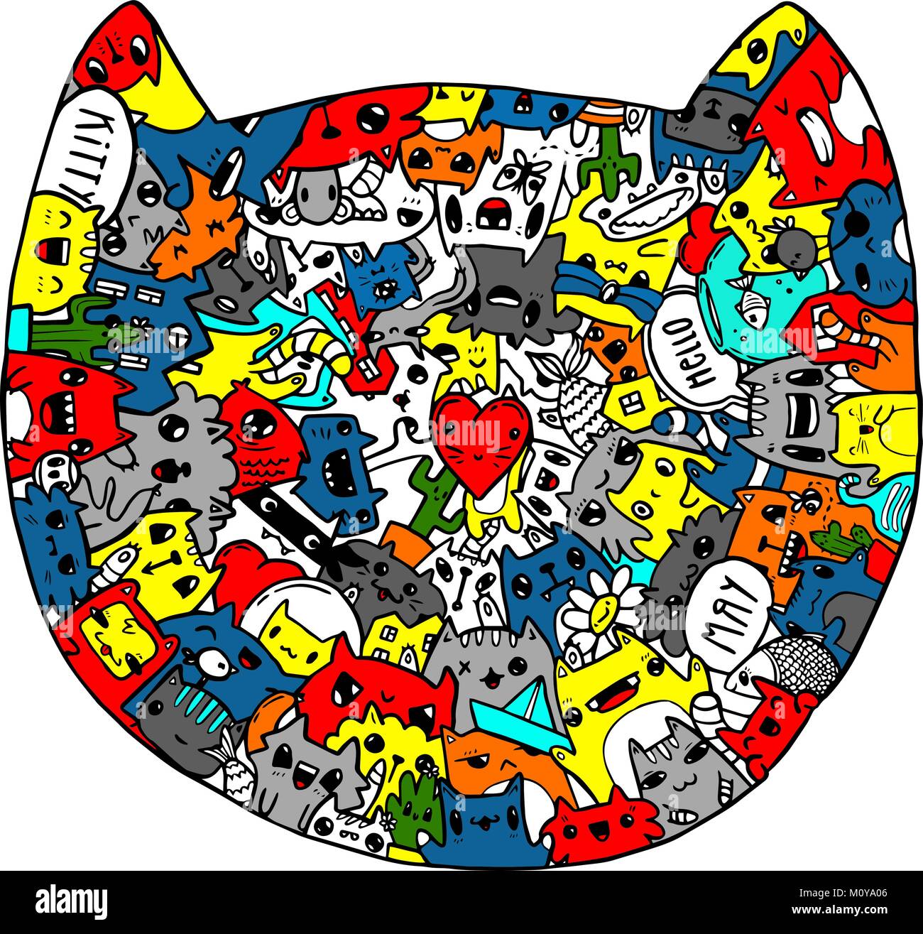 Hand drawn colorful circled cats doodles inside cat head shape. Vector ...