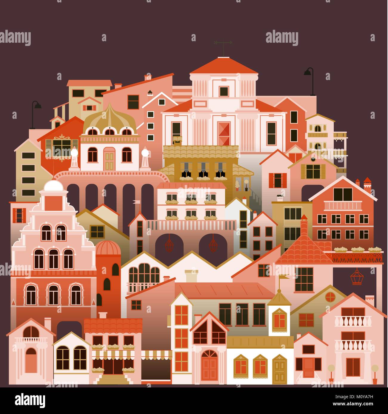 Colorful townhouses background. Vector cityscape with buildings Stock ...