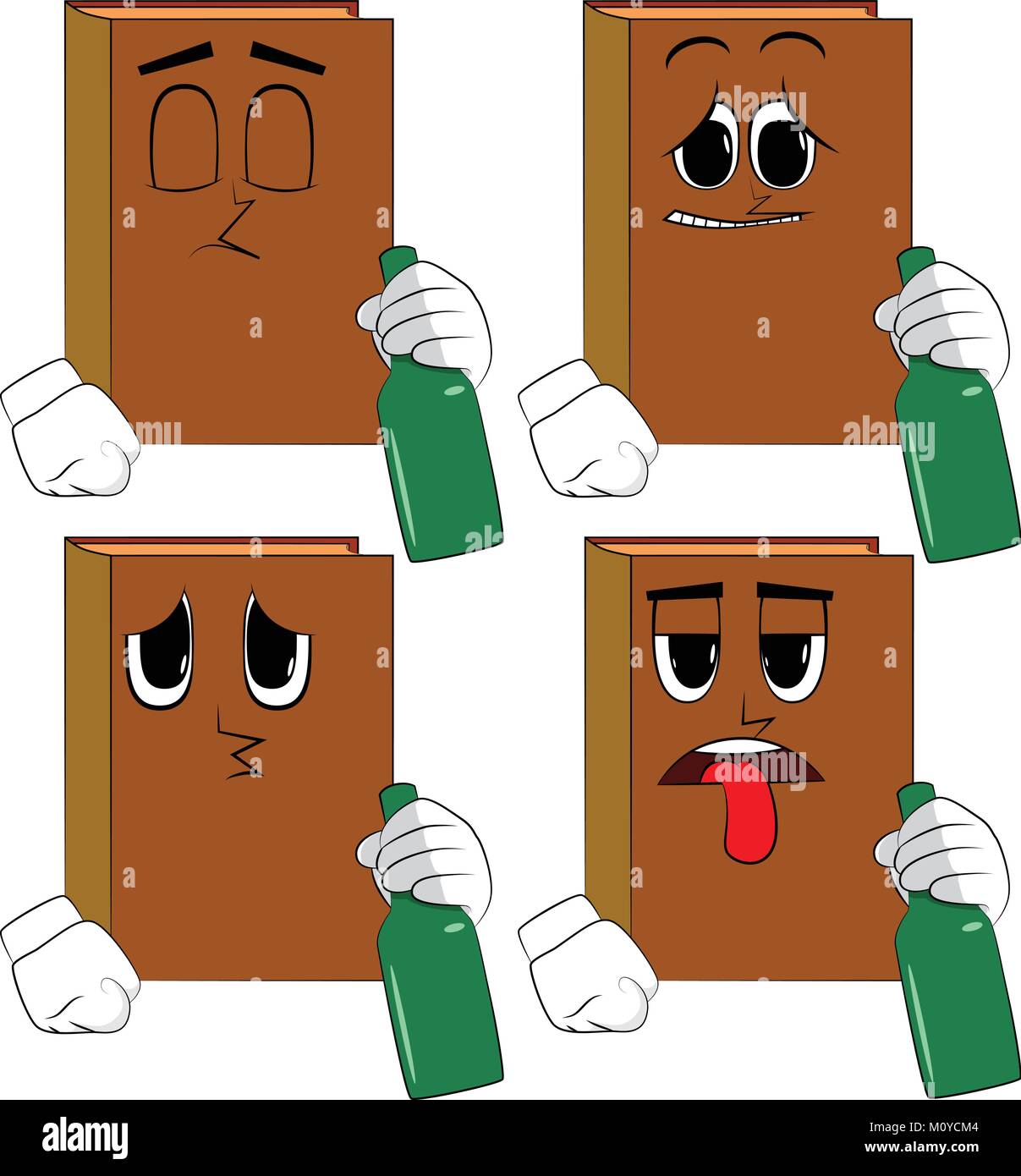 Books holding a bottle. Cartoon book collection with sad faces ...