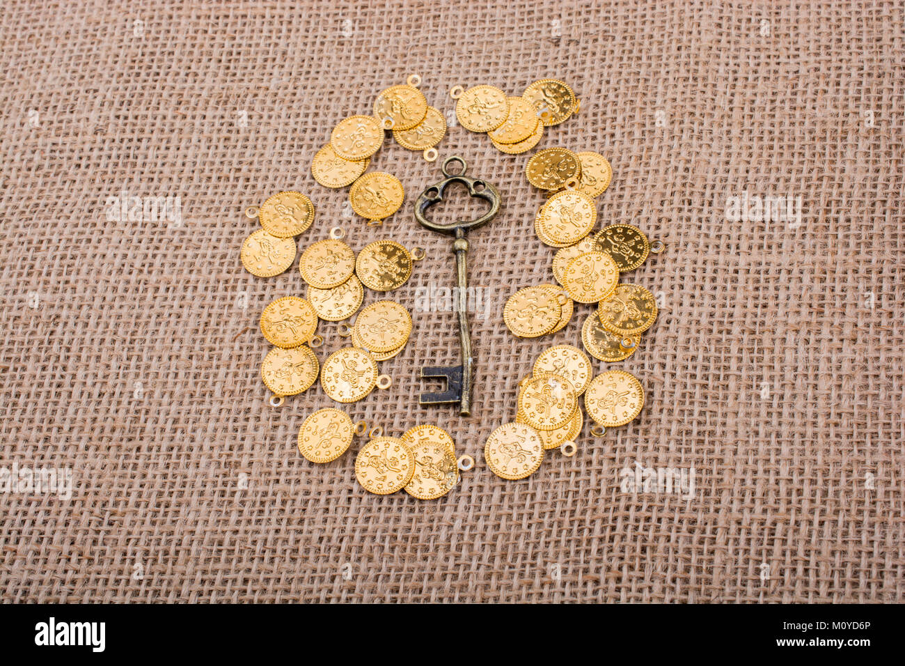 Hand holding a retro styled key over fake gold coins Stock Photo - Alamy