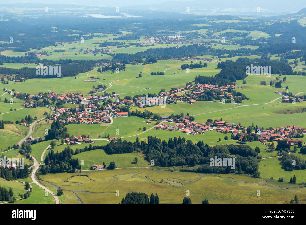 Aerial view of countryside around Wildsteig 82409, Bavaria, Germany ...