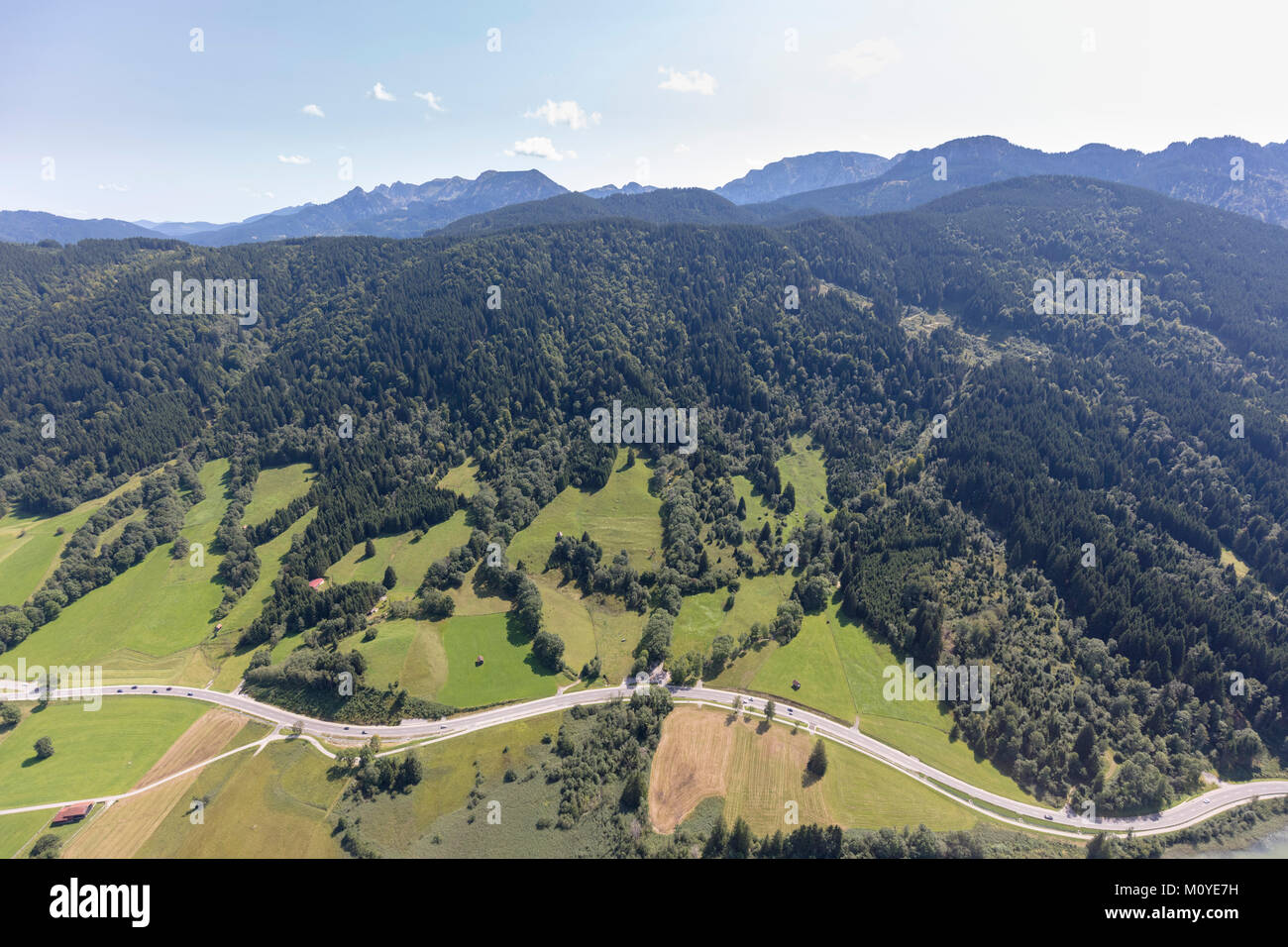 Aerial view of countryside around road B17, 87642 Halblech, Bavaria ...