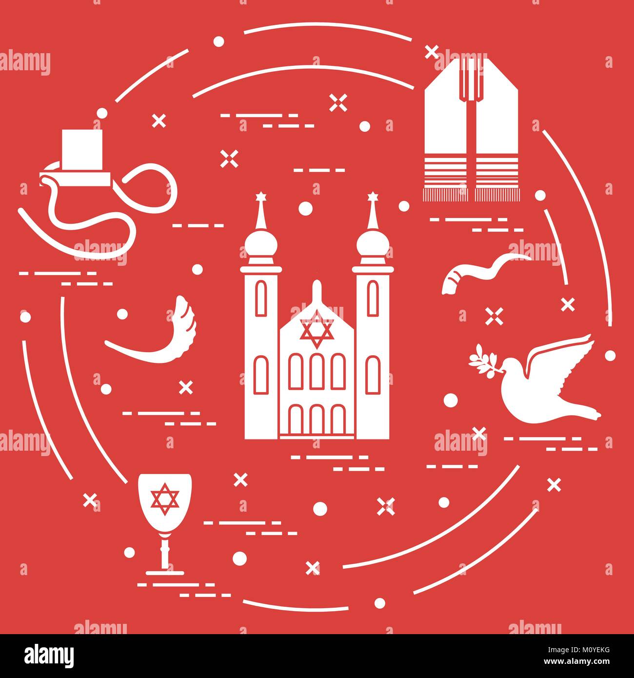 Jewish symbols: tfillin, synagogue, sheep's horn, dove, david's star ...