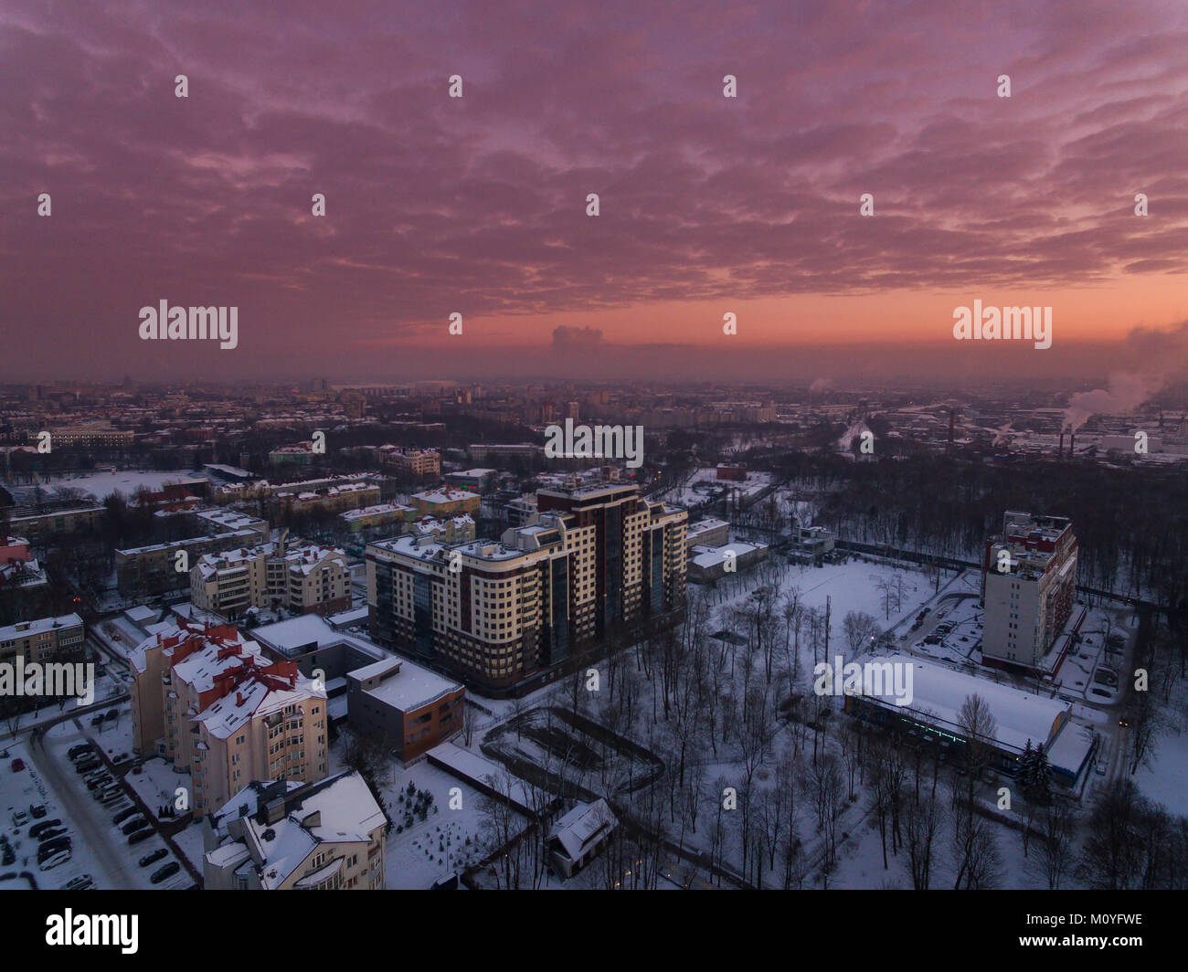 Aerial: Cityscape of Kaliningrad at sunset, winter time Stock Photo - Alamy