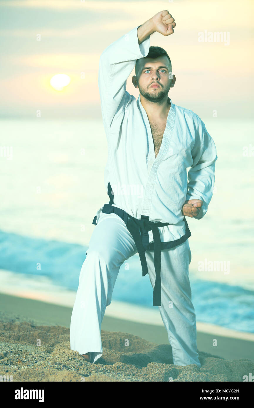 Nice male doing karate at ocean quay outdoor Stock Photo - Alamy