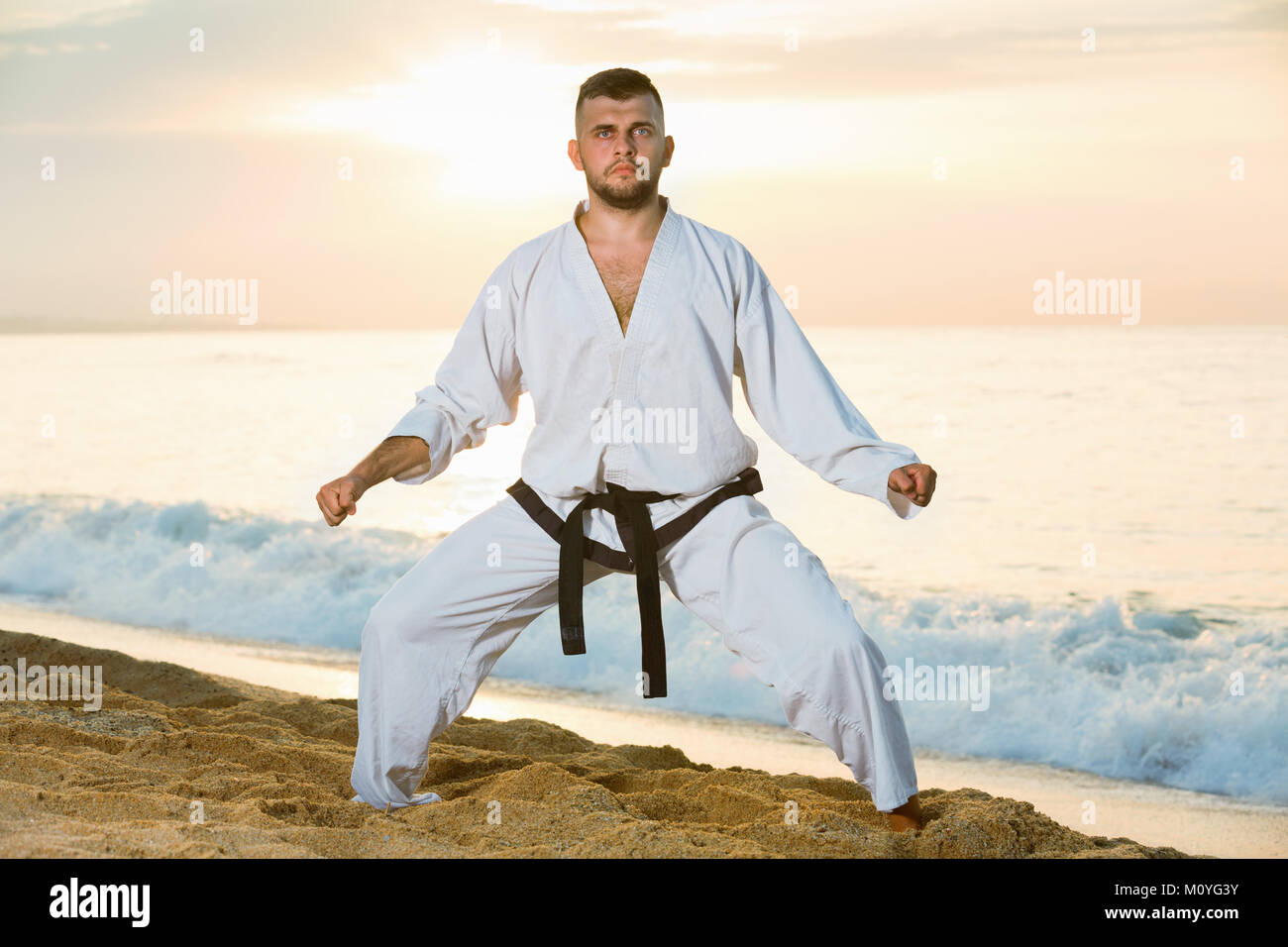 Diligent serious young guy doing karate poses at sunset sea shore Stock ...