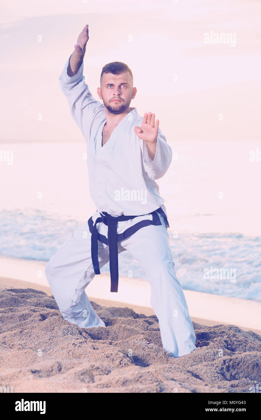 Glad cheerful positive young guy doing karate poses at sunset sea shore ...