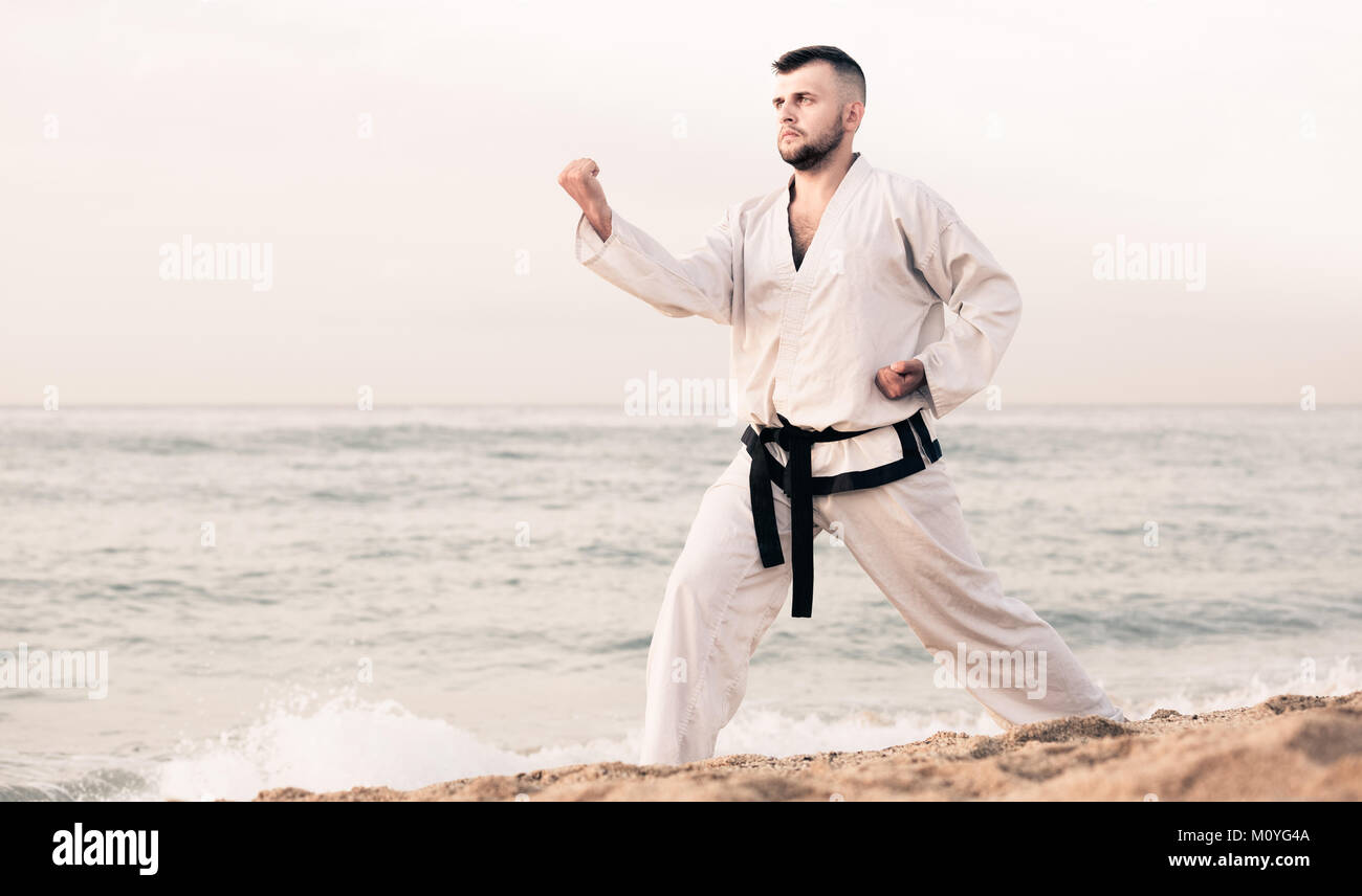 Glad guy practising karate kata poses at seaside Stock Photo - Alamy