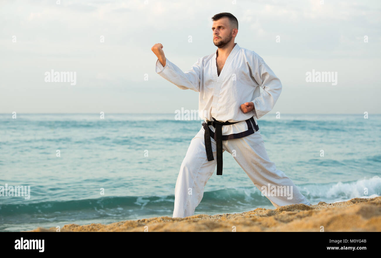 Nice guy practising karate kata poses at seaside Stock Photo - Alamy