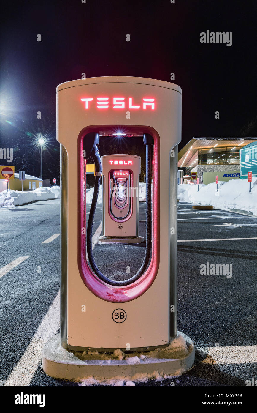 BRENNER, ITALY - JANUARY, 24, 2018: Tesla supercharger in winter. Tesla ...