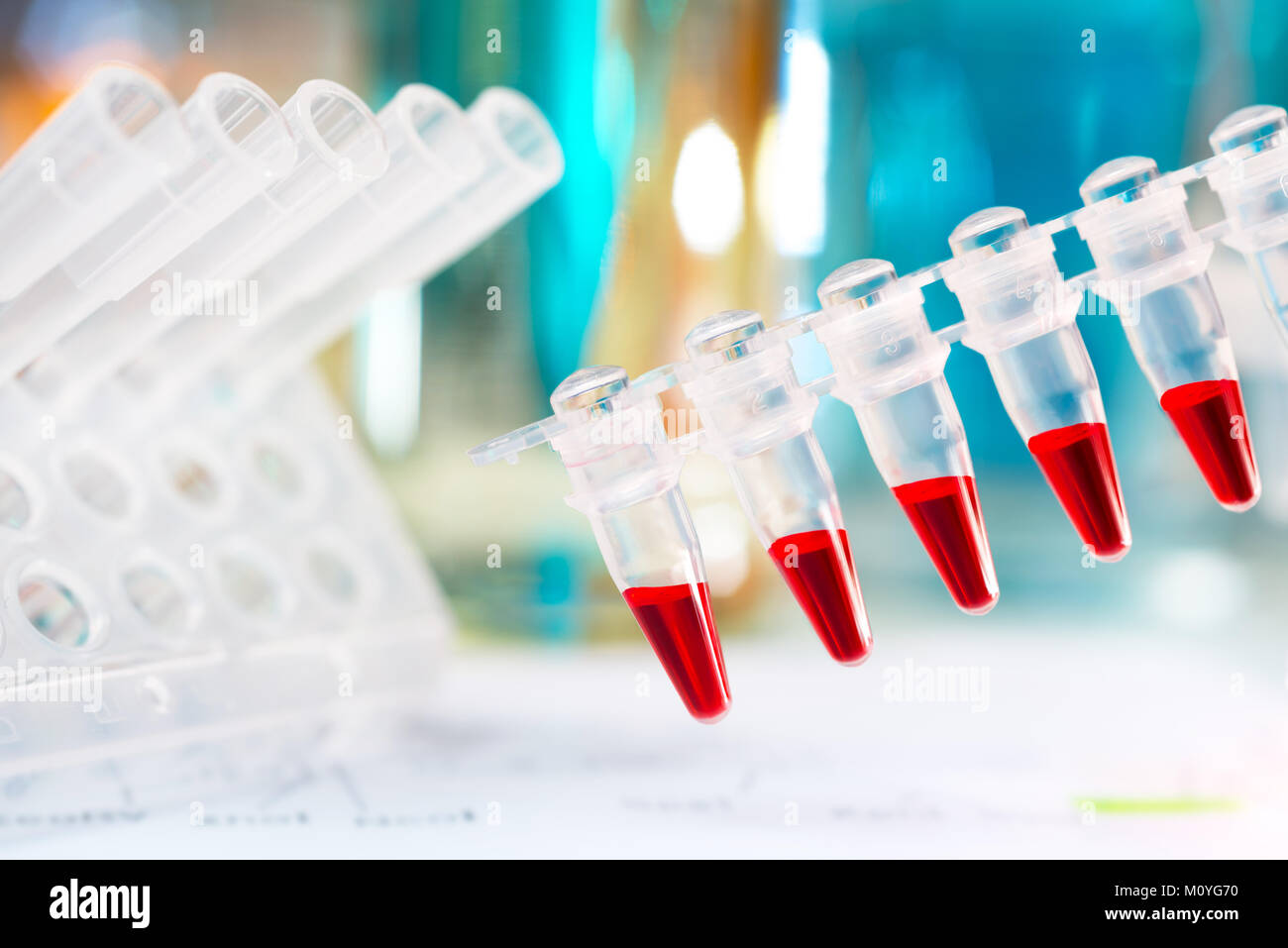Plastic tubes with red samples for PCR reaction to analyse DNA Stock ...