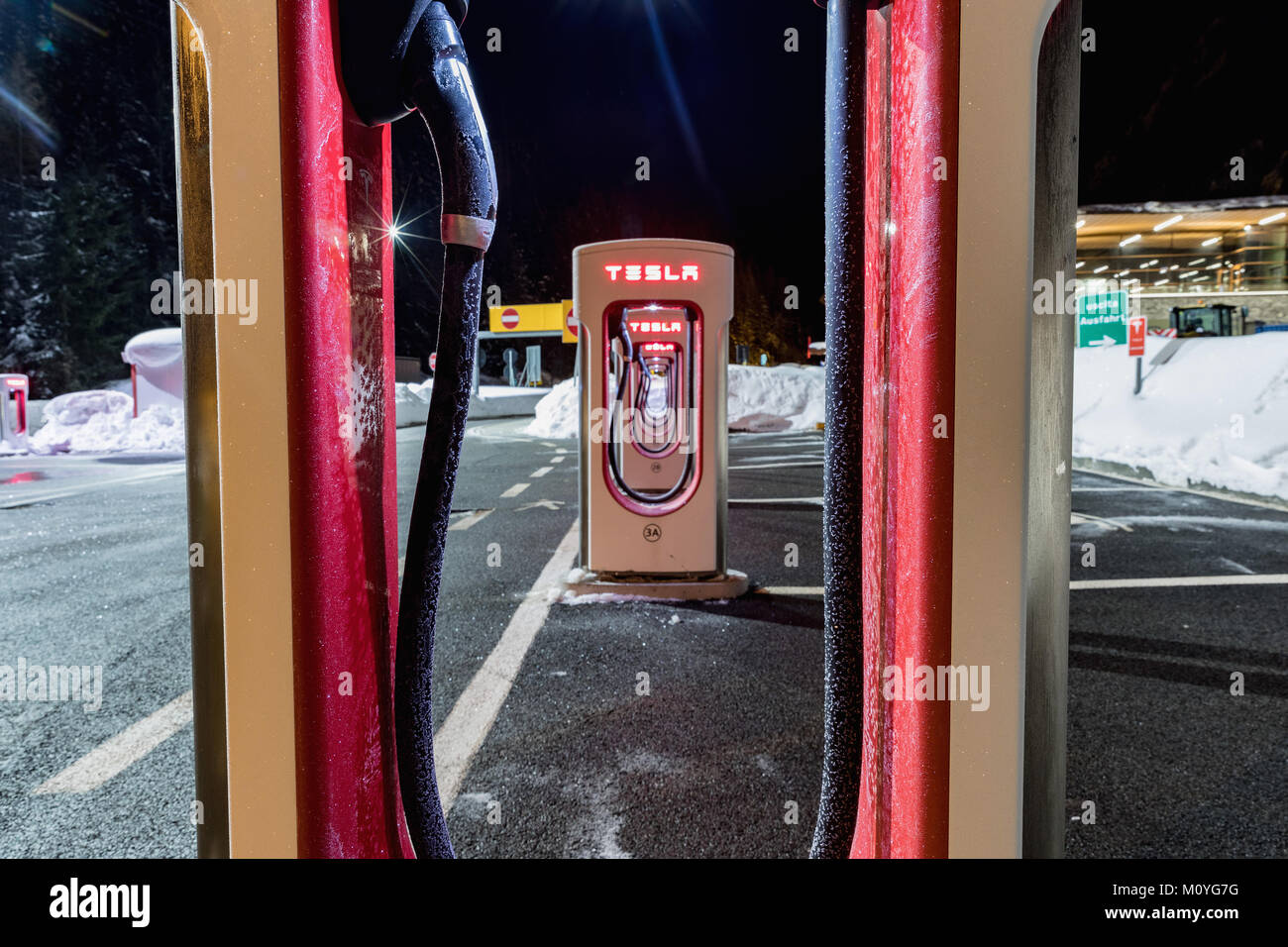 BRENNER, ITALY - JANUARY 24, 2018: TESLA SUPERCGARGER. Tesla charging ...