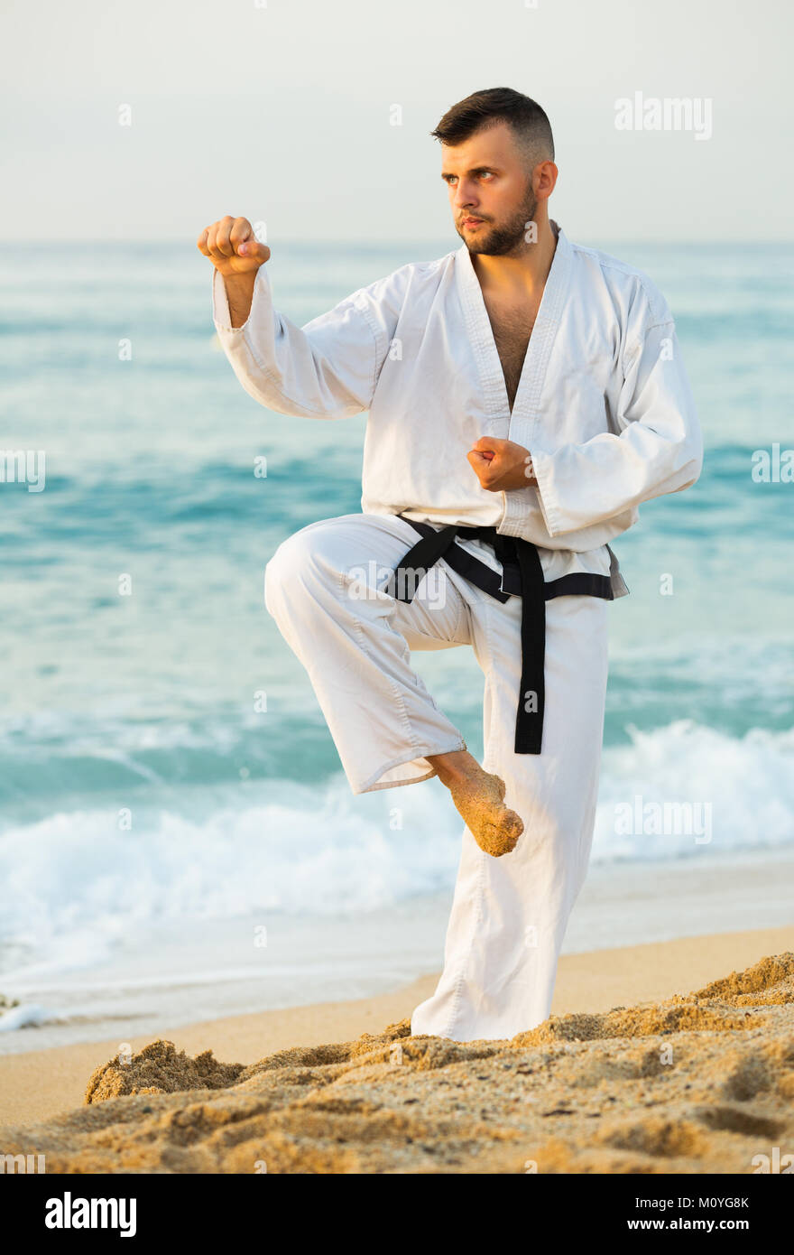 Guy doing karate poses at sunset sea shore Stock Photo - Alamy