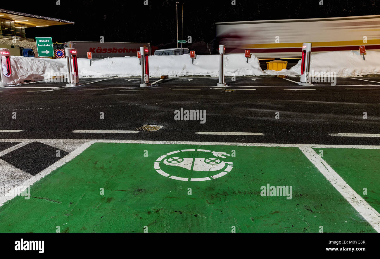 BRENNER, ITALY - JANUARY, 24, 2018: Tesla supercharger in winter. Tesla ...