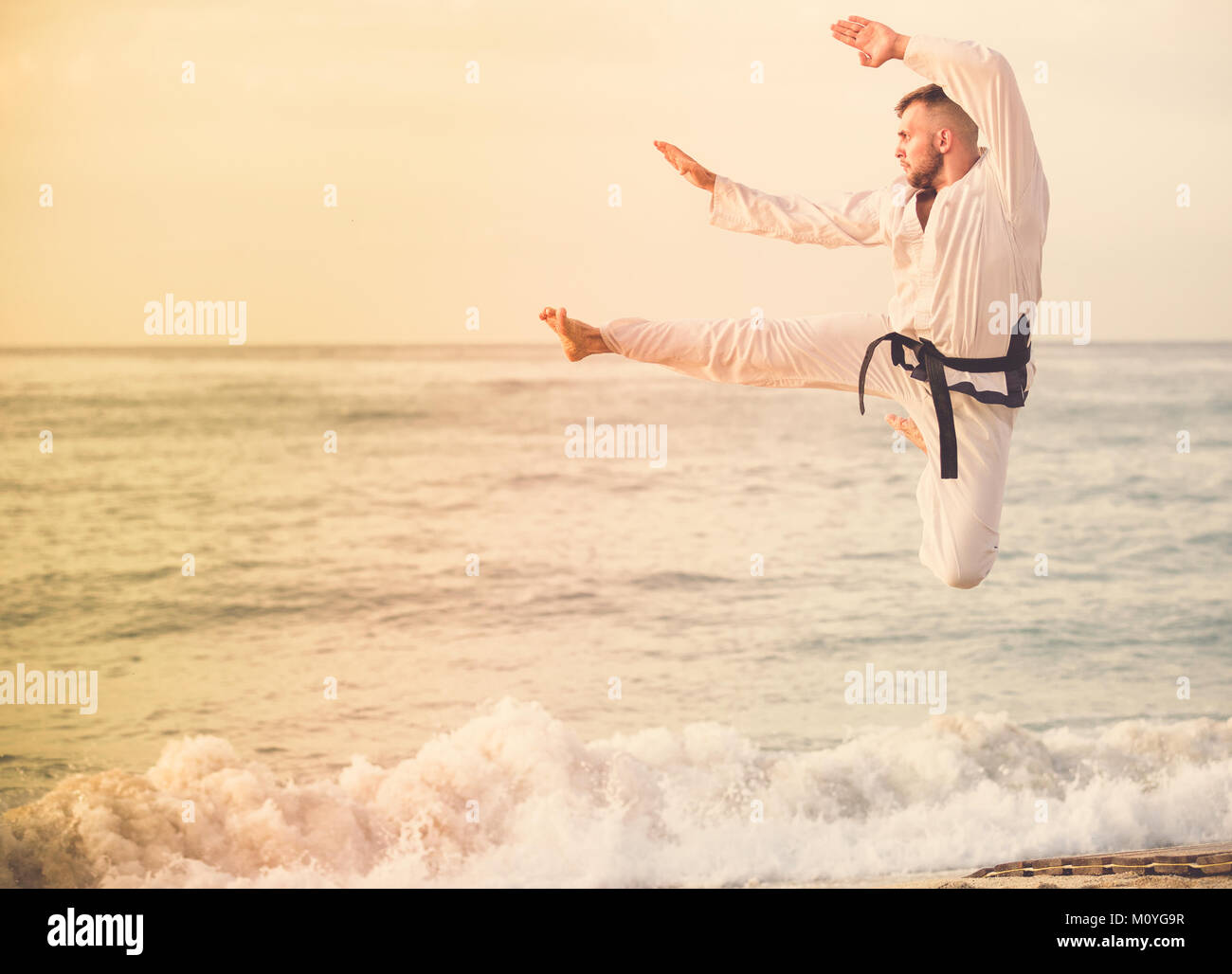 Nice male practising karate kata poses at seaside Stock Photo - Alamy