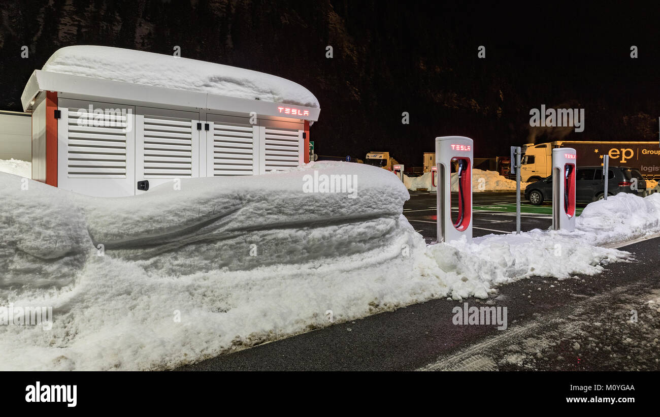 BRENNER, ITALY - JANUARY, 24, 2018: Tesla supercharger in winter under ...