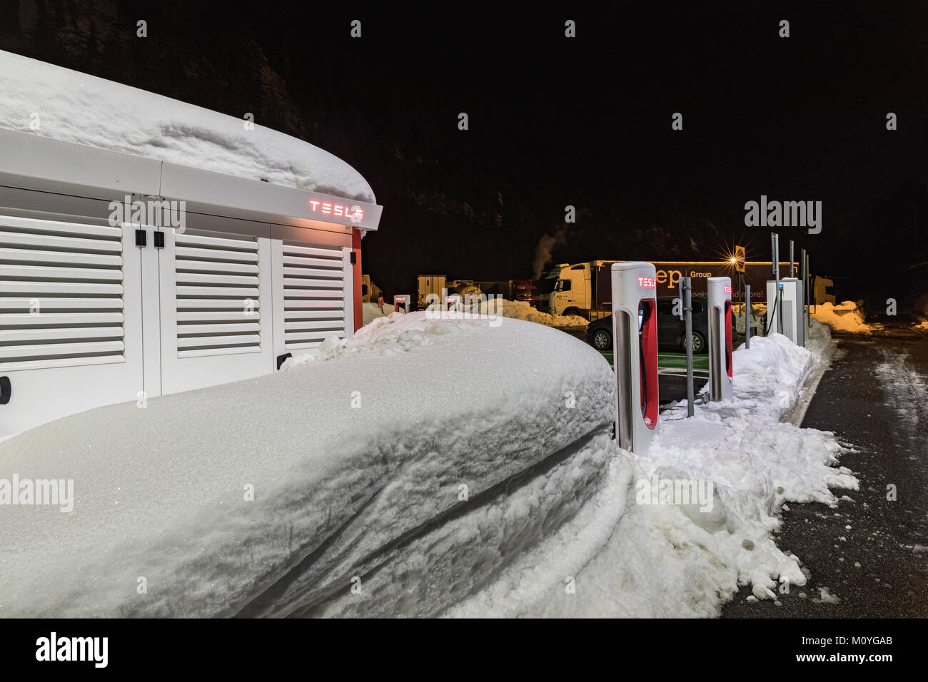 BRENNER, ITALY - JANUARY, 24, 2018: Tesla supercharger in winter under ...