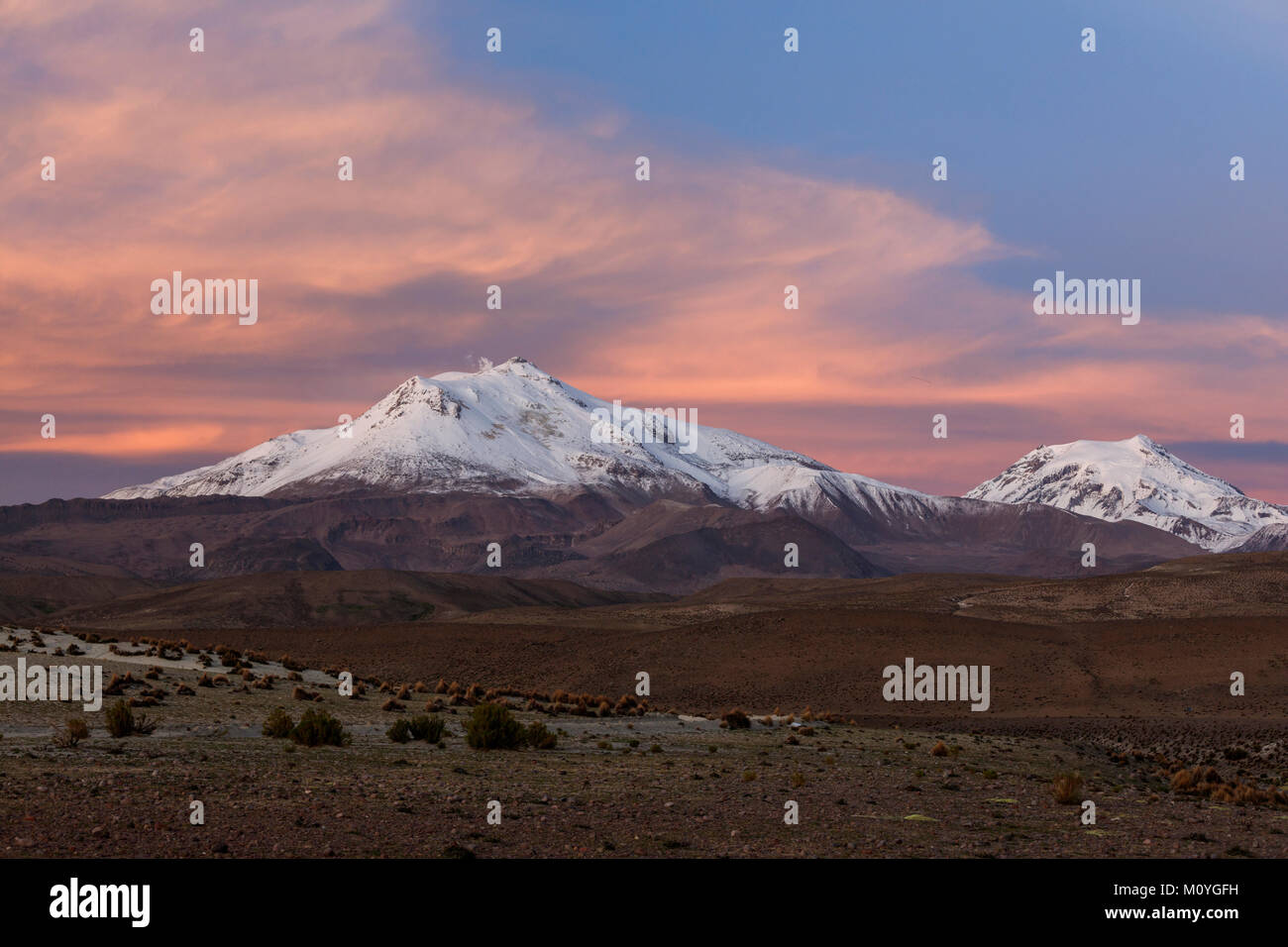 Volcano Parinacota with snow in the evening light,Putre,Region de Arica ...