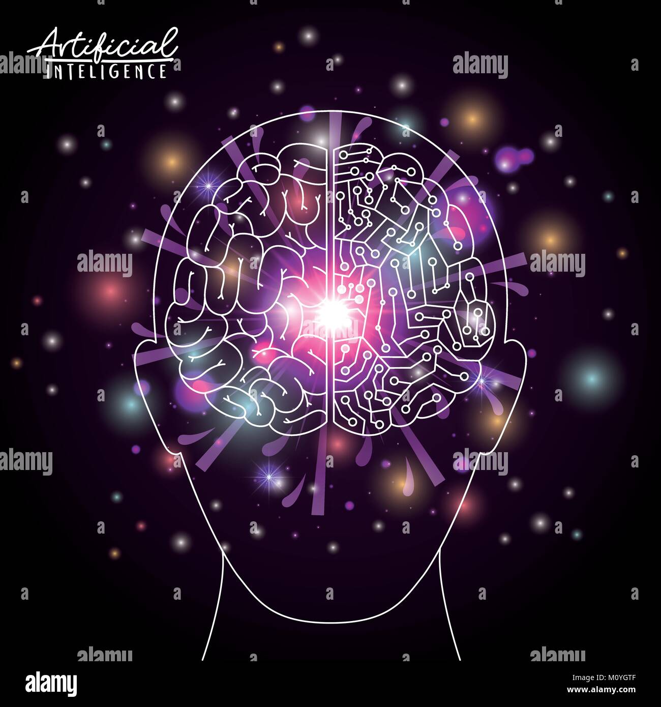 artificial intelligence poster with human head silhouette with brain in ...