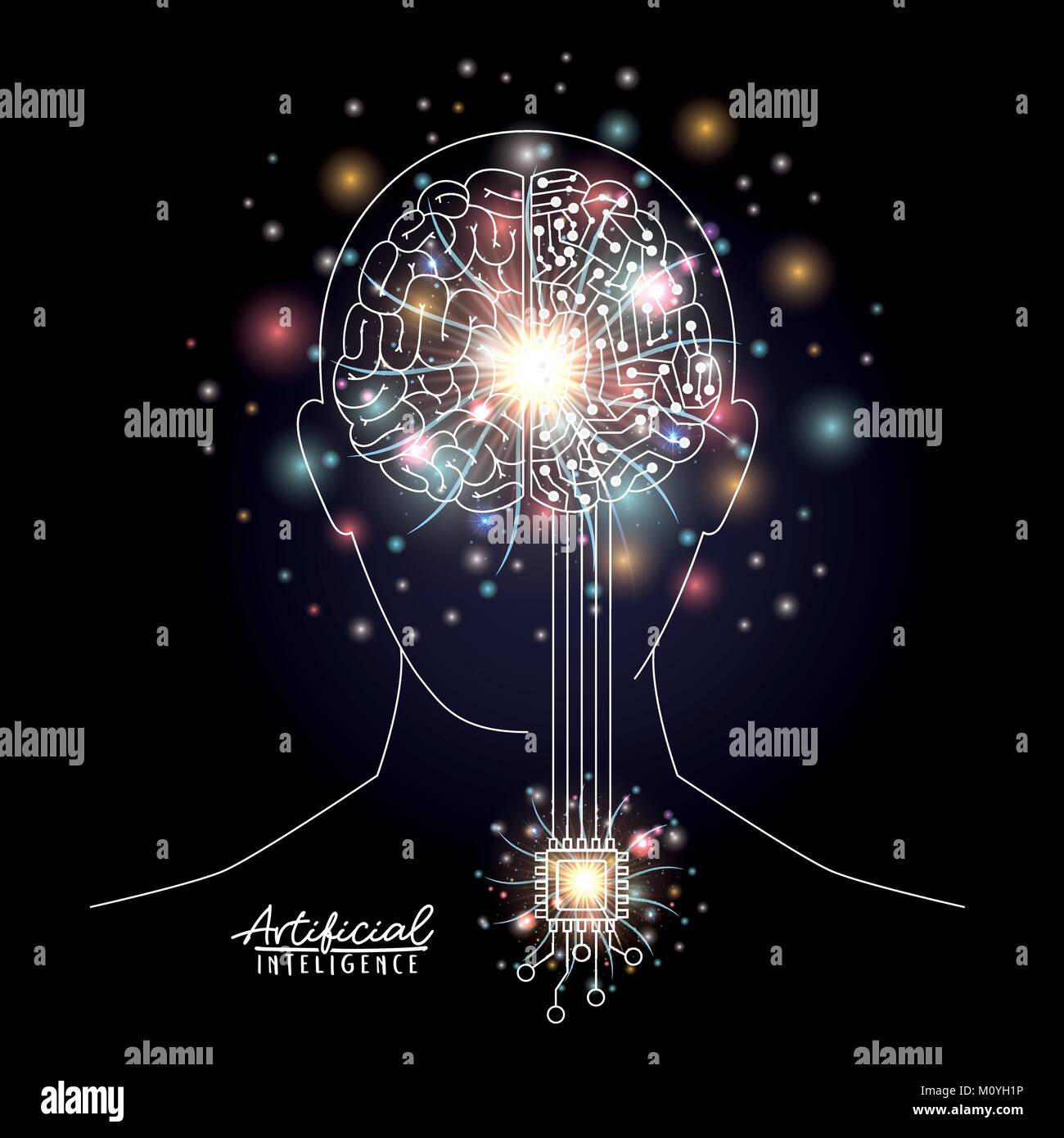 artificial intelligence poster with human head silhouette front view ...