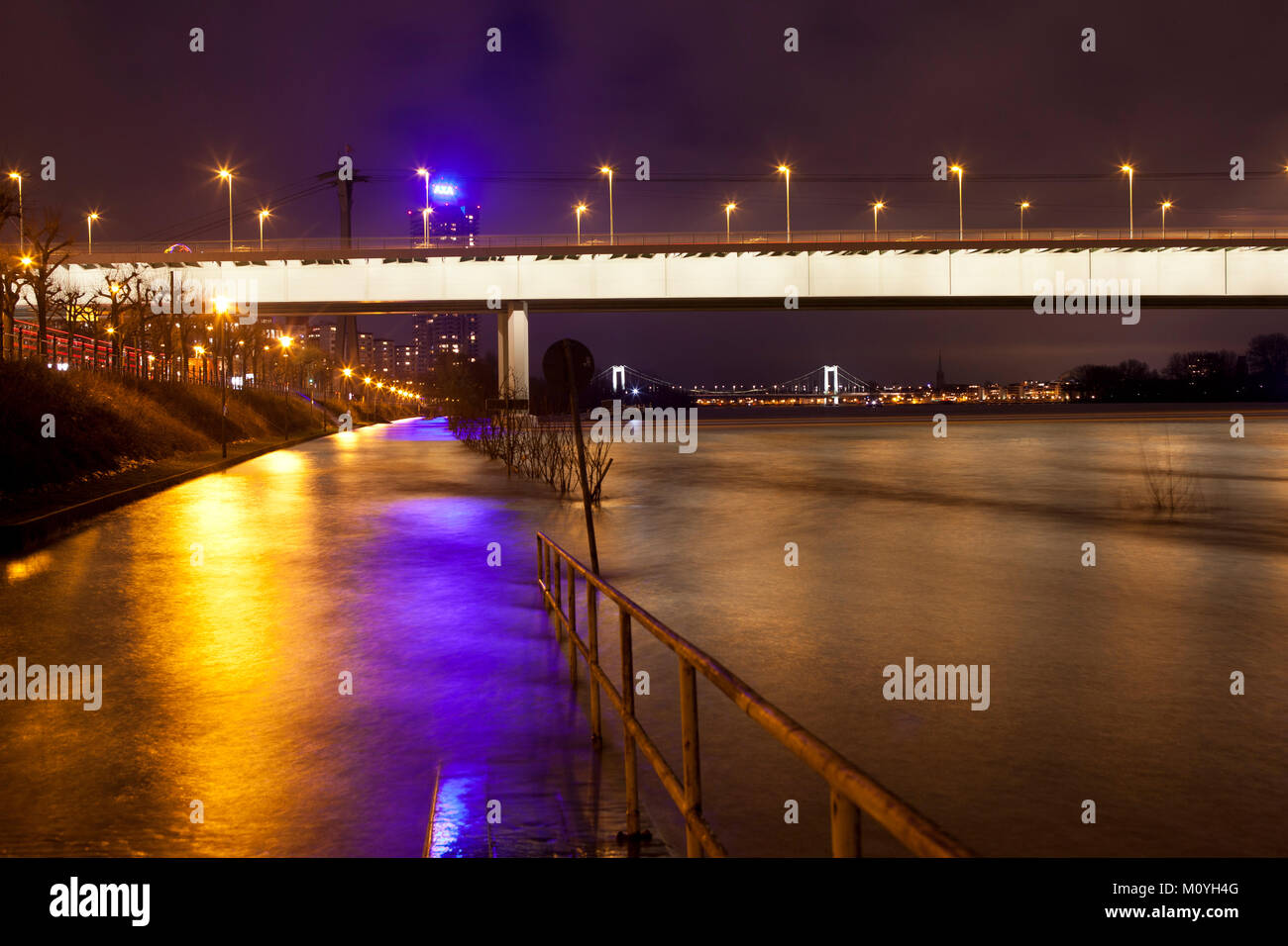Germany, Cologne, high tide of the river Rhine, flooded promenade at ...