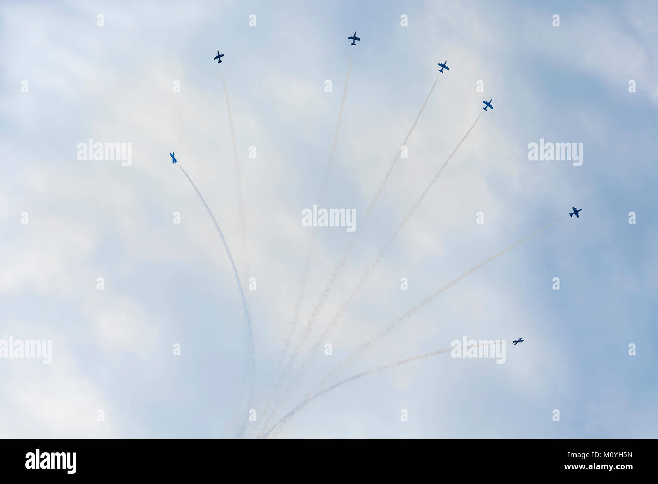 Airplanes on aerobatic show, bright aerobatics with smoke trails ...