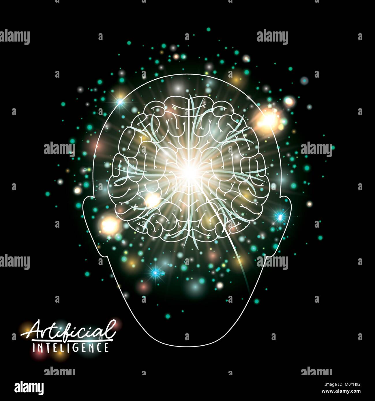 artificial intelligence poster with human head silhouette with brain in ...