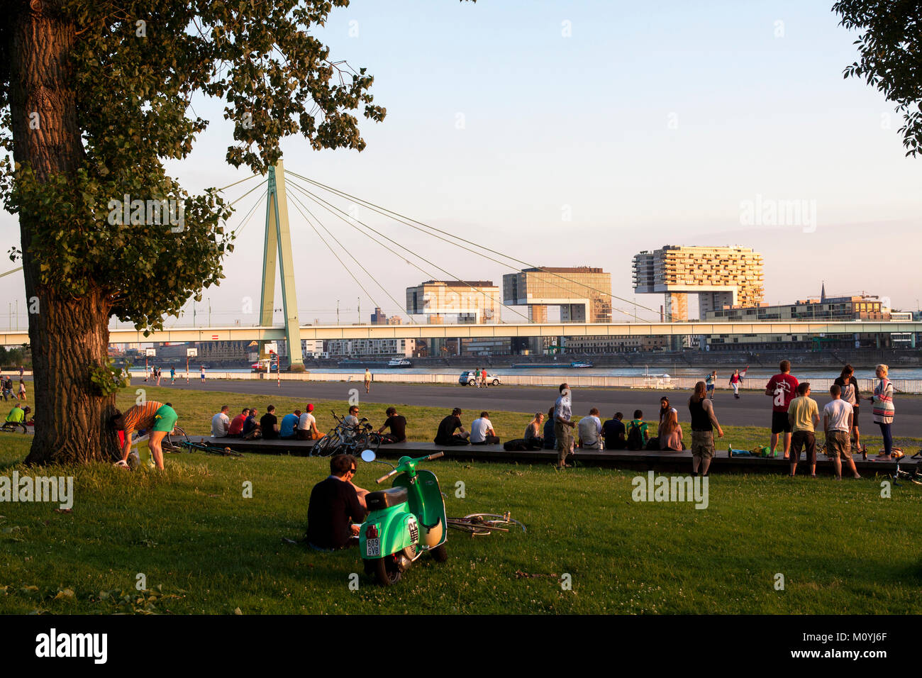 Germany, Cologne, people enjoying the summer evening at the banks of ...