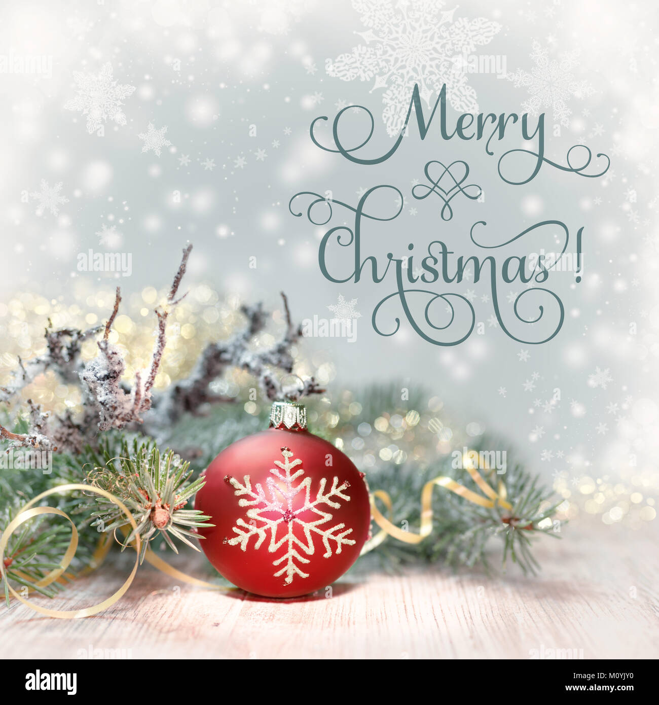 Christmas tree and red bauble, text "Merry Christmas" on abstract ...