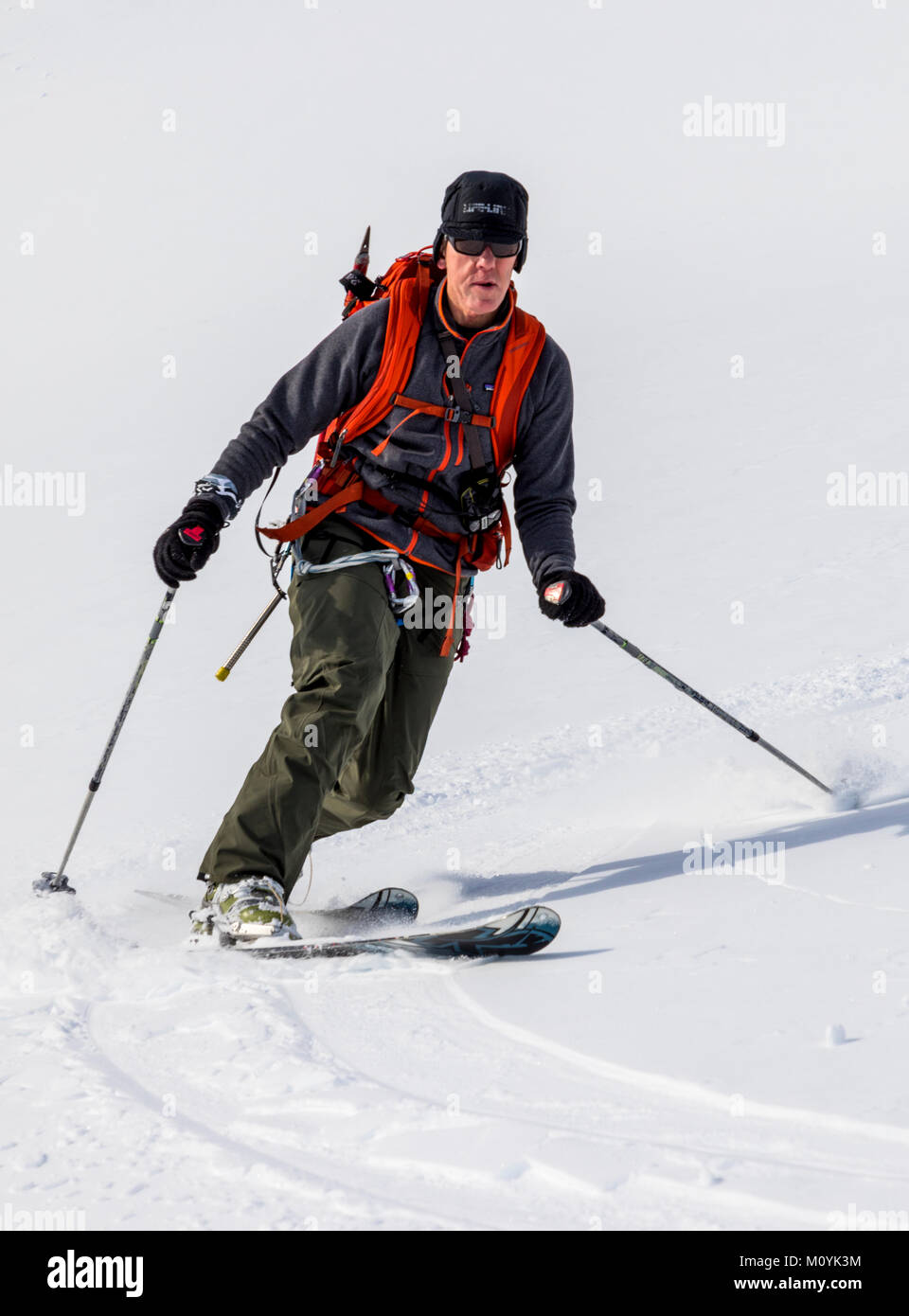 Alpine telemark ski mountaineer skiing downhill in Antarctica; RongÃ ...